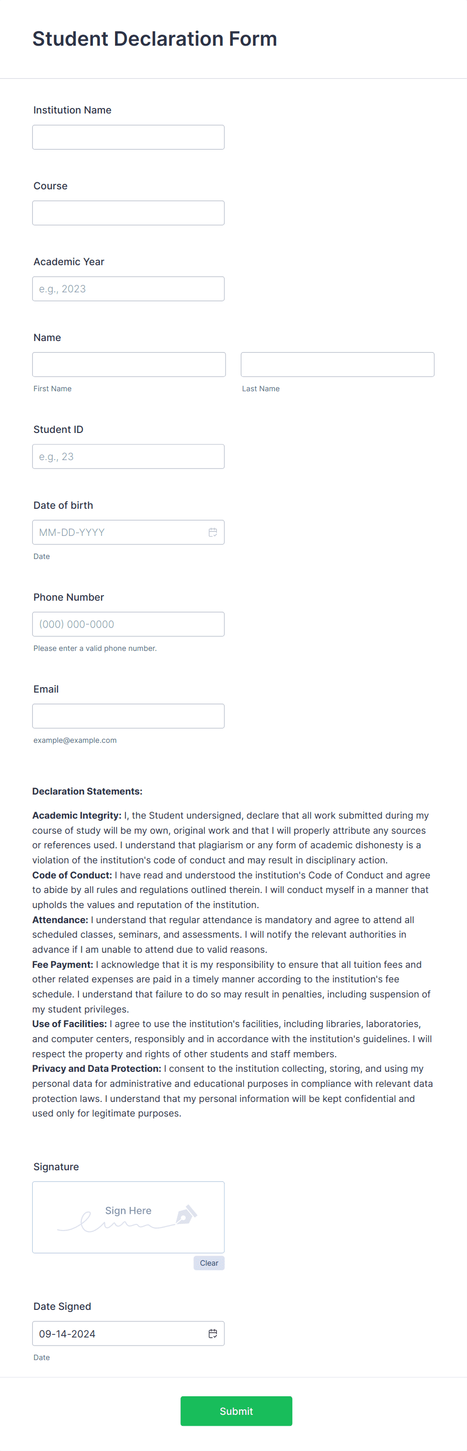 Student Declaration Form Template | Jotform Student Declaration Form Template | Jotform